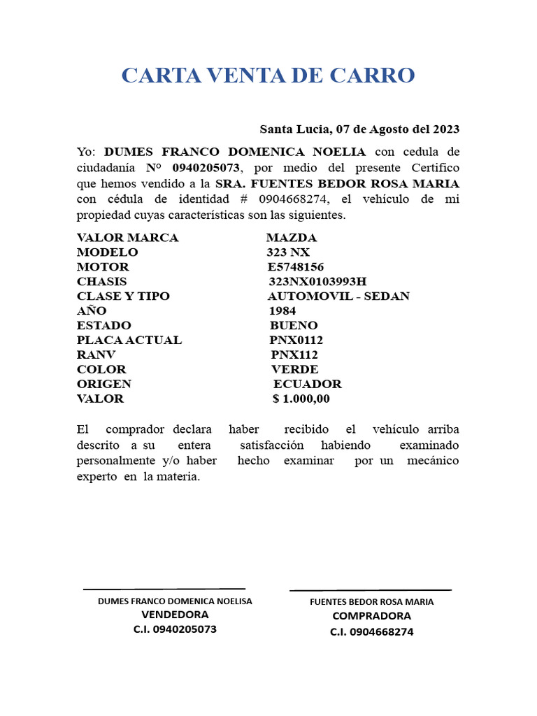 Carta Venta de Carro | PDF