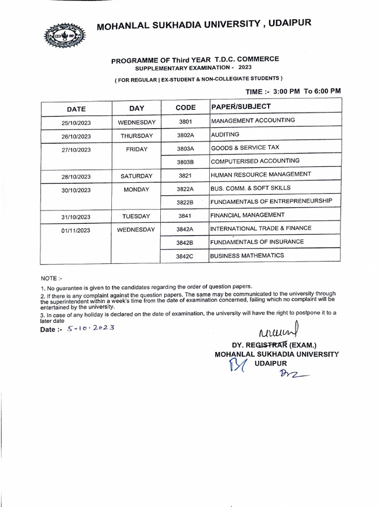 TIME TABLE OF B.COM IIIrd YEAR SUPPLEMENTARY EXAMINATION - 2023 (FOR REGULAR - EX-STUDENT & NON ...