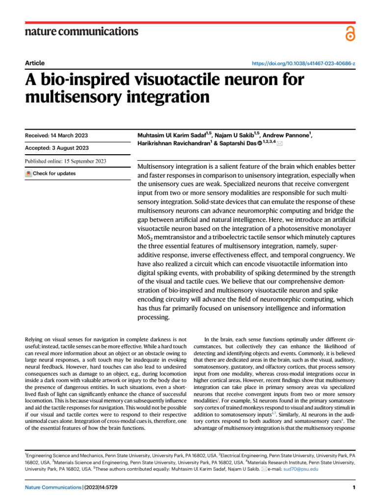 A Bio-Inspired Visuotactile Neuron For Multisensory Integration | PDF | Somatosensory System ...