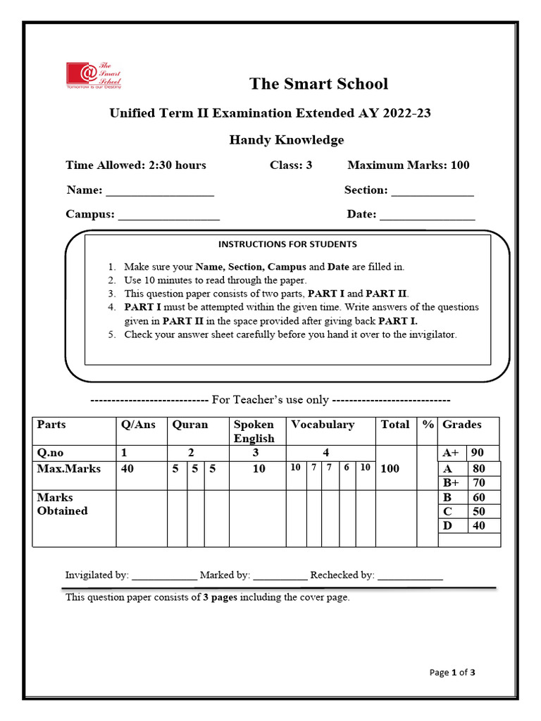 Class 3 Final Paper 23 Handy Knowledge 123 | PDF