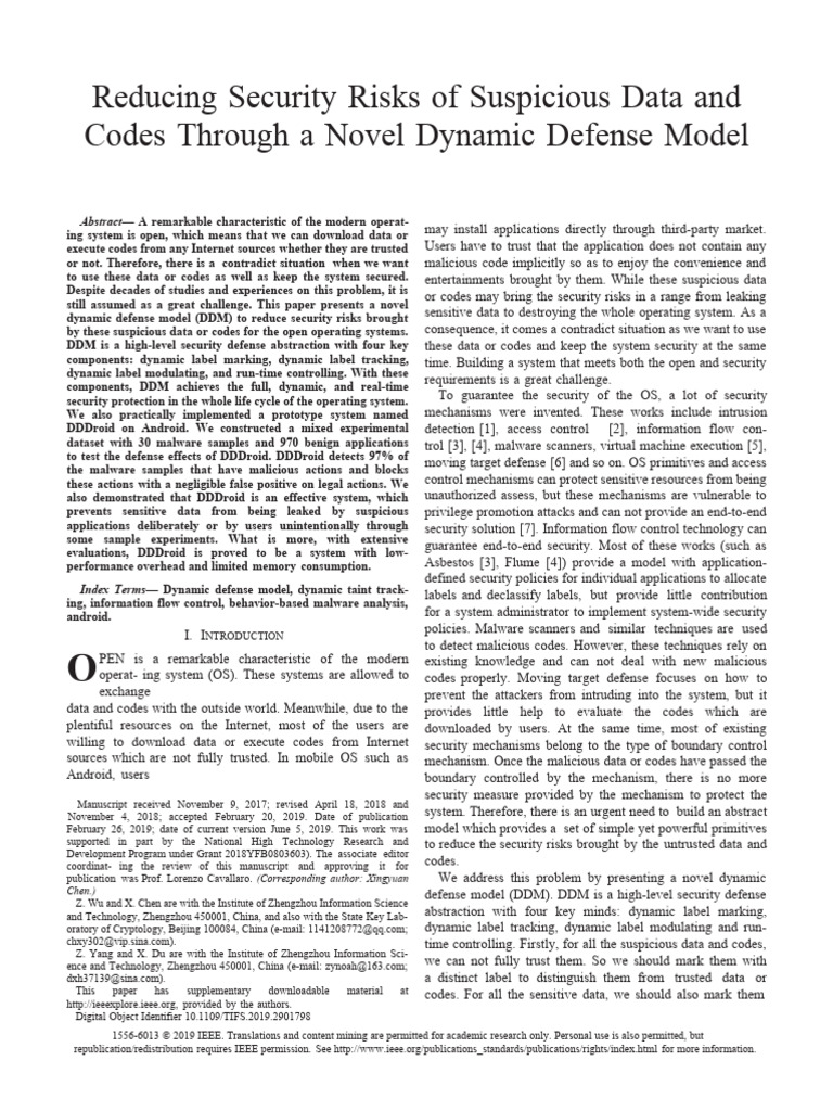 Reducing Security Risks of Suspicious Data and Codes Through A Novel Dynamic Defense Model | PDF ...
