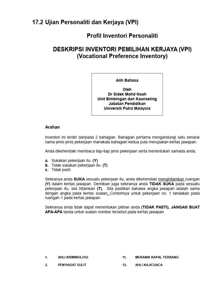 Pdfcoffee Com 172 Ujian Personaliti Dan Kerjaya Vpi Profil Inventori | PDF