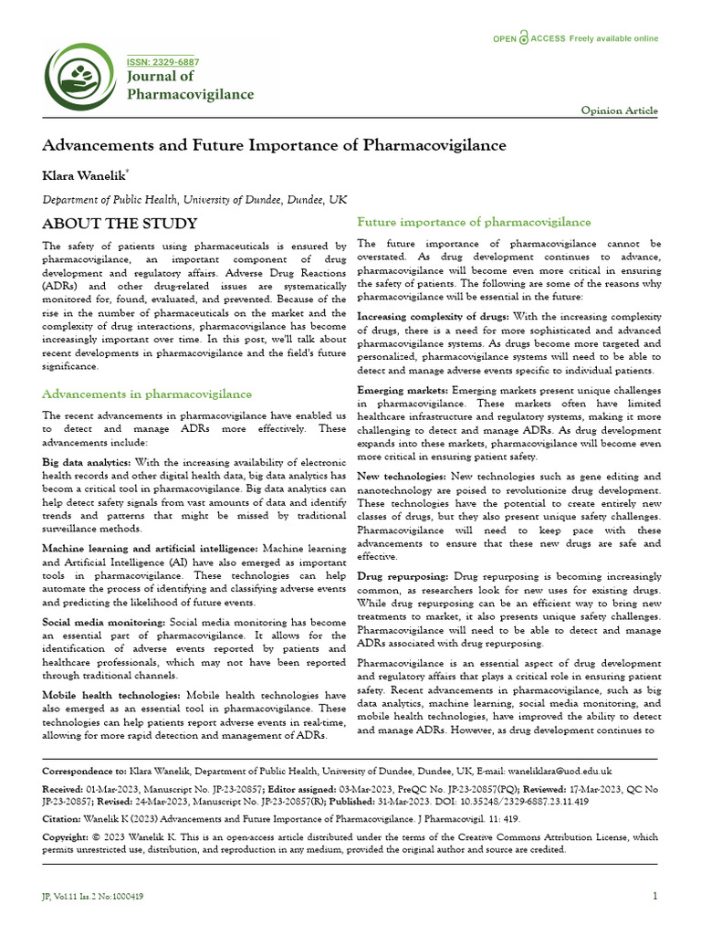 Advancements and Future Importance of Pharmacovigilance | PDF | Pharmacovigilance | Medicine