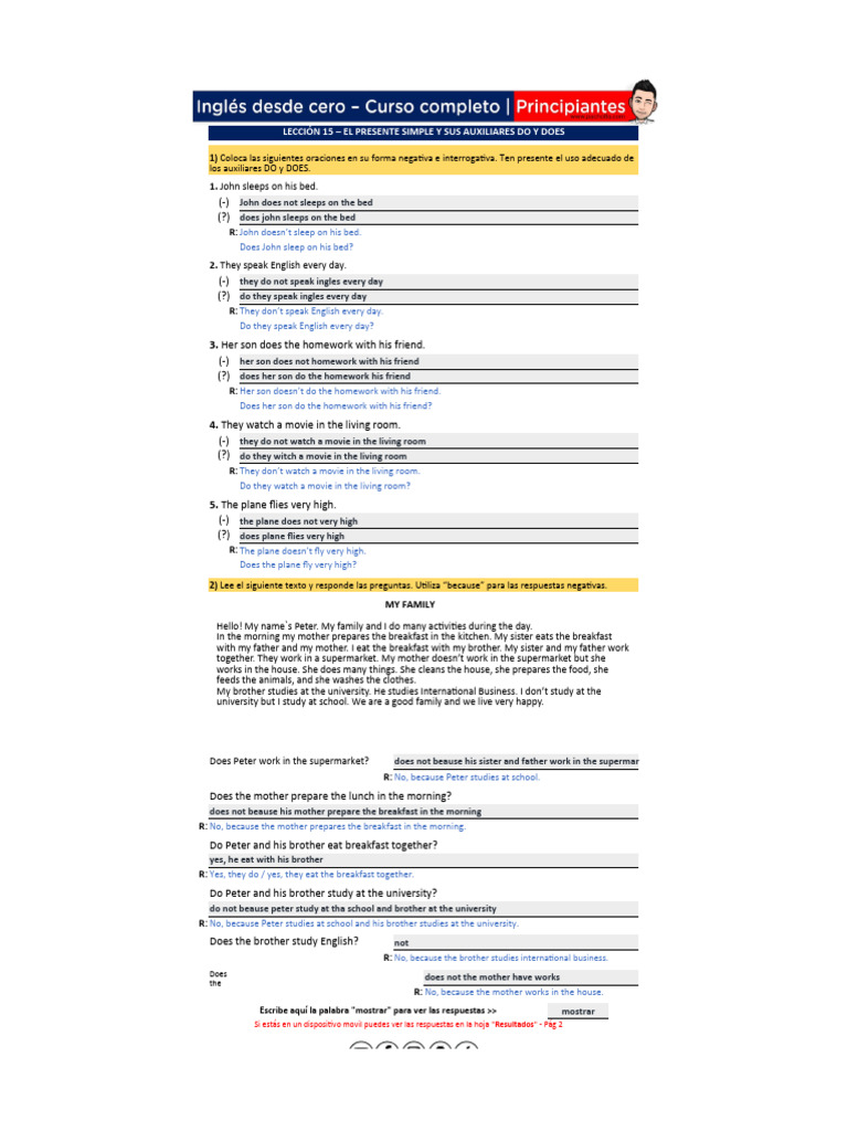 Lecciòn 15 - El Presente Simple y Sus Auxiliares Do y Does | PDF | Food And Drink | Home