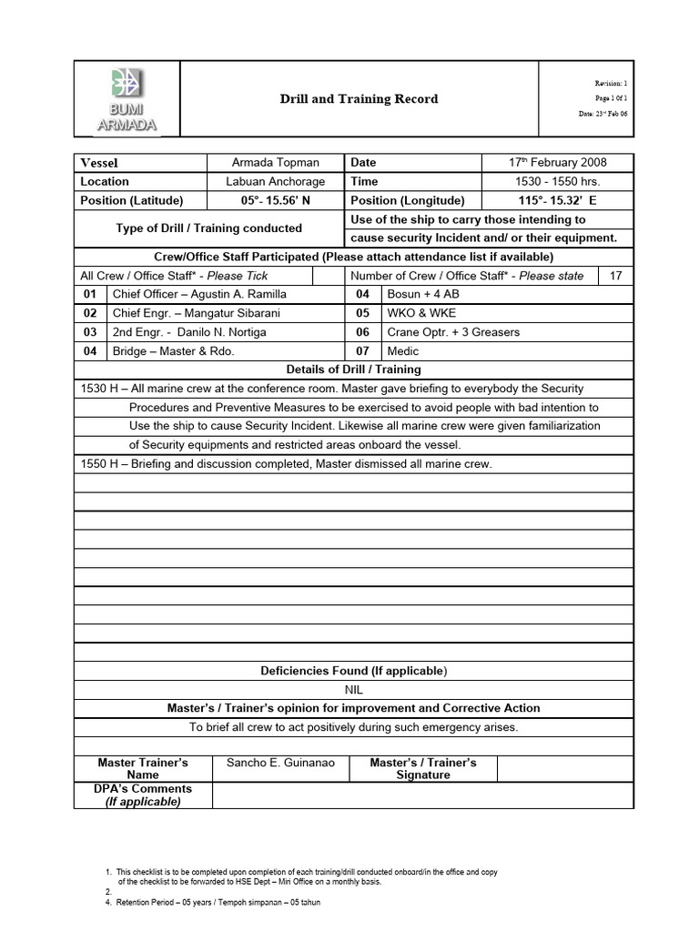 Ship Security Drill Record 2008 | PDF