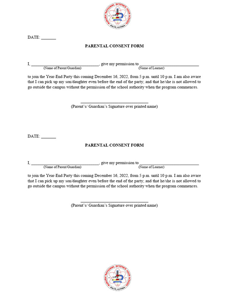Year-End Party Parental Consent Form | PDF