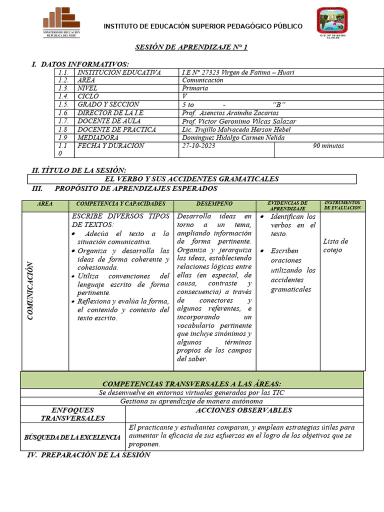Sesión de Aprendizaje Verbo | PDF | Evaluación | Modificación de comportamiento