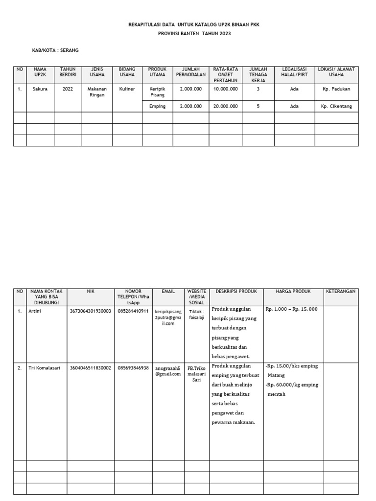 Rekapitulasi Data Untuk Katalog Up2k Sayar | PDF