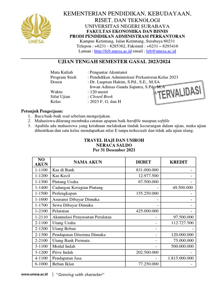 Soal UTS Pengantar Akuntansi PAP 2023 - REGULER | PDF | Bisnis ...