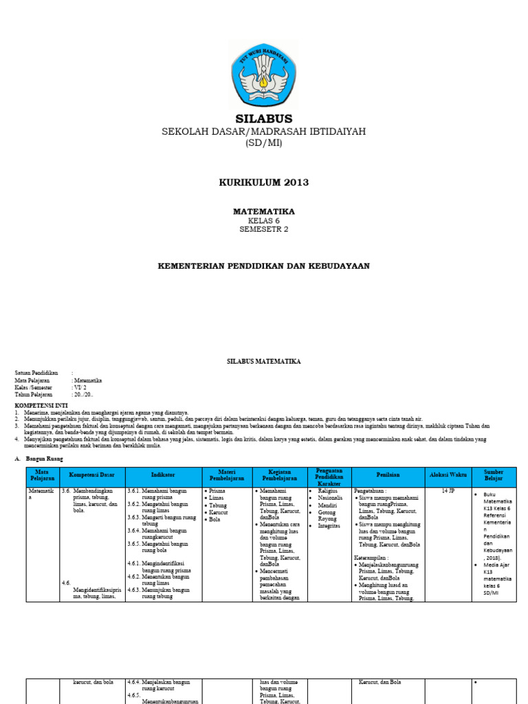 Silabus Matematika KELAS 6 SEM 2 | PDF