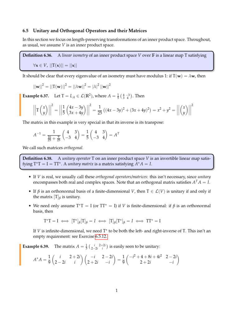 Unitary and Orthogonal Operators and Their Matrices-Pt2 | Download Free PDF | Eigenvalues And ...
