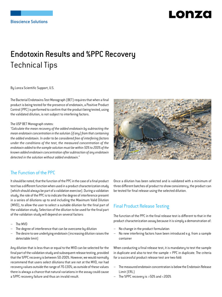 Lonza AppNotesTossSheets Endotoxin Results and PPC Recovery - Technical ...