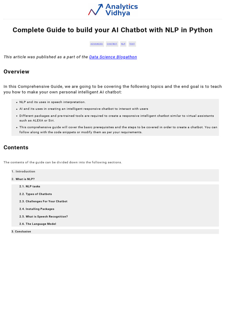 Complete Guide To Build Your Ai Chatbot With NLP in Python | PDF
