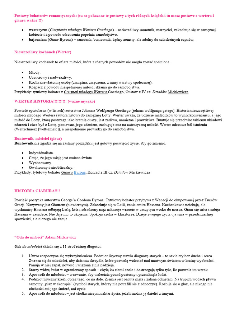 Postawy Bohaterów Romantycznych | PDF