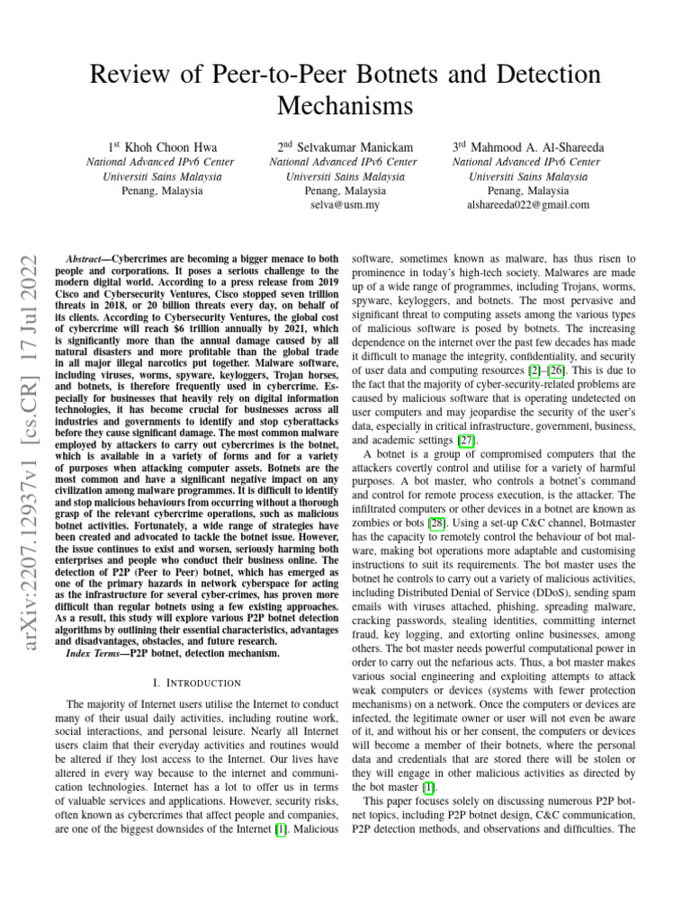 Review of Peer-to-Peer Botnets and Detection Mecha | PDF | Peer To Peer | Malware