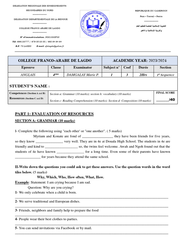 EPREUVE ANGLAIS 4eme | PDF | Question | Linguistics