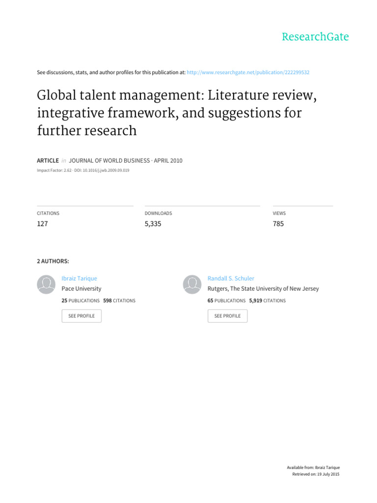 Tarique and Schuler 2010 - Global Talent Management - Literature Review ... Tarique and Schuler 2010 - Global Talent Management - Literature Review ...