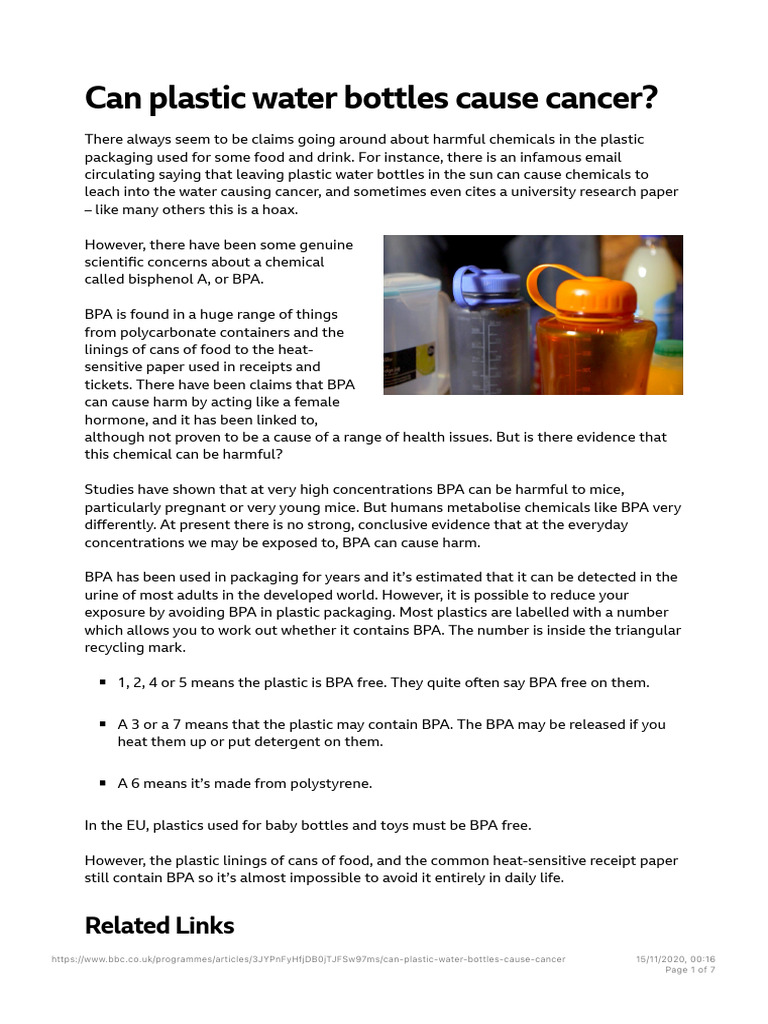 Can Plastic Water Bottles Cause Cancer (BPA) | PDF | Plastic | Chemical ...