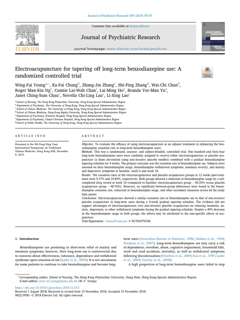 Eletroacupuncture For Tapering Off Long-Term Benzodiazepine Use (RCT) | PDF