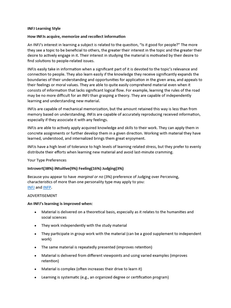 INFJ Learning Style | PDF | Learning | Understanding