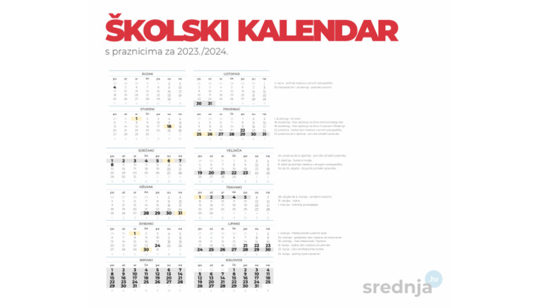 Skolski Kalendar Praznici 2023 2024 | PDF