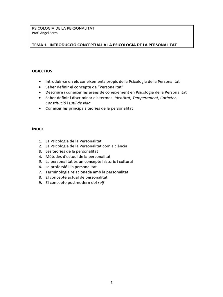 TEMA 1 - DEFINICIÓ I CONCEPTE DE PERSONALITAT | PDF TEMA 1 - DEFINICIÓ I CONCEPTE DE PERSONALITAT | PDF