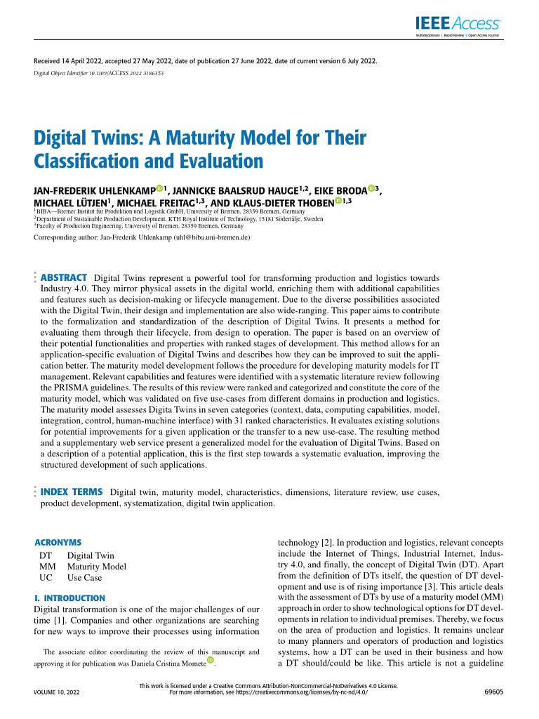 Digital Twins A Maturity Model For Their Classification and Evaluation ...
