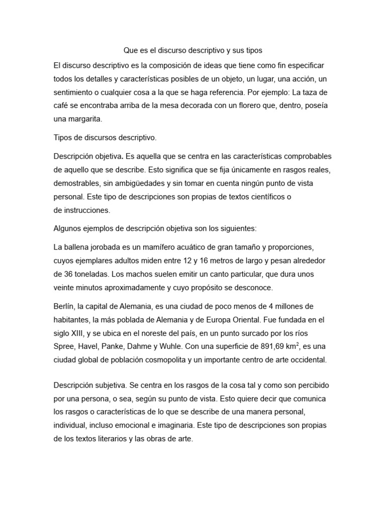 Que Es El Discurso Descriptivo y Sus Tipos (Trabajo Exposicion) | PDF