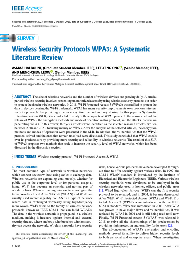 Wireless Security Protocols WPA3 A Systematic Literature Review | PDF ...