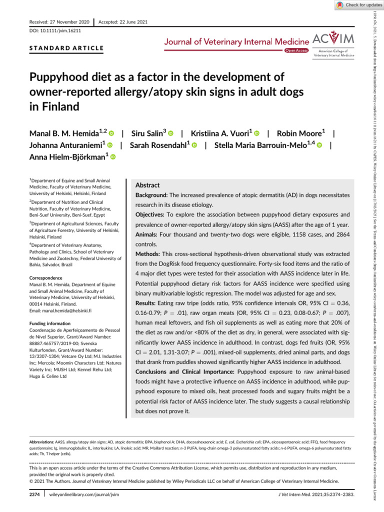 Veterinary Internal Medicne - 2021 - Hemida - Puppyhood Diet As A ...
