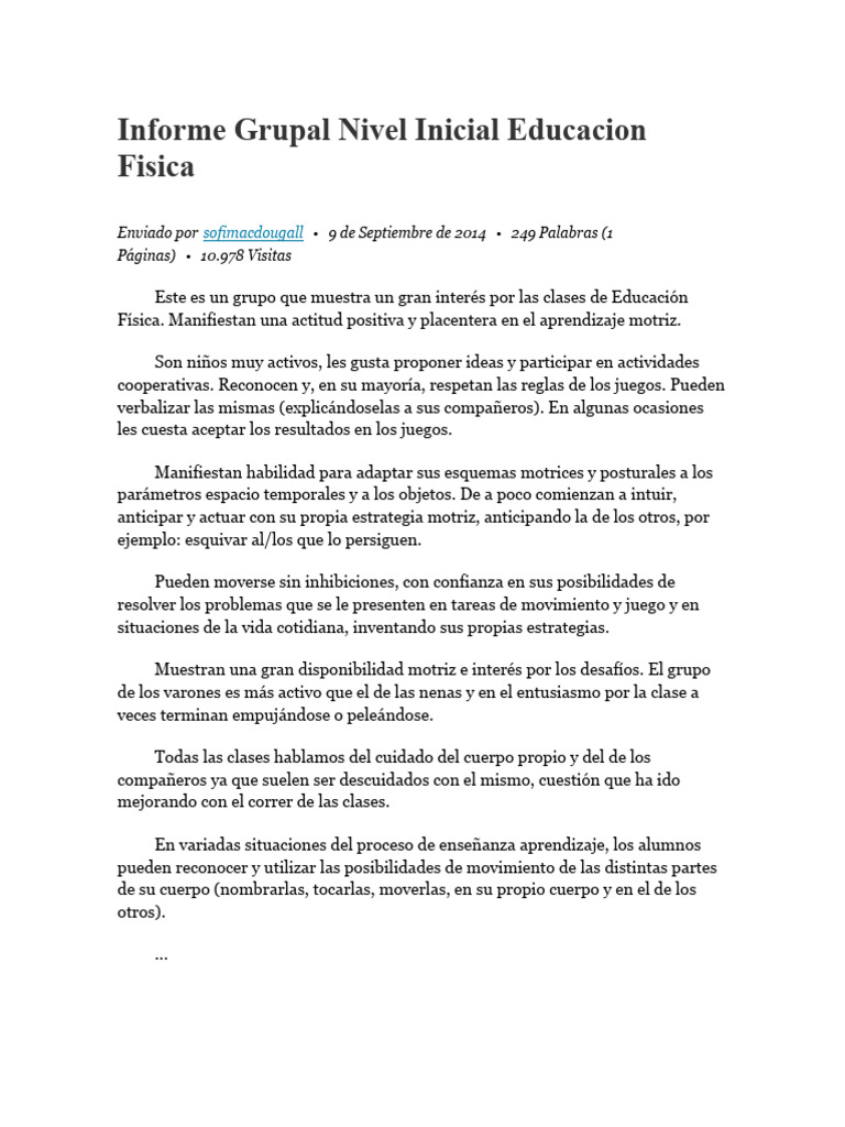 Informe Grupal Nivel Inicial Educacion Fisica | PDF | Aprendizaje ...