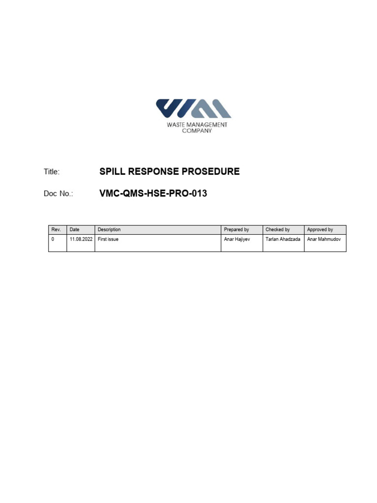 VMC-QMS-HSE-PRO-013-Spill Response Plan | PDF | Personal Protective ...