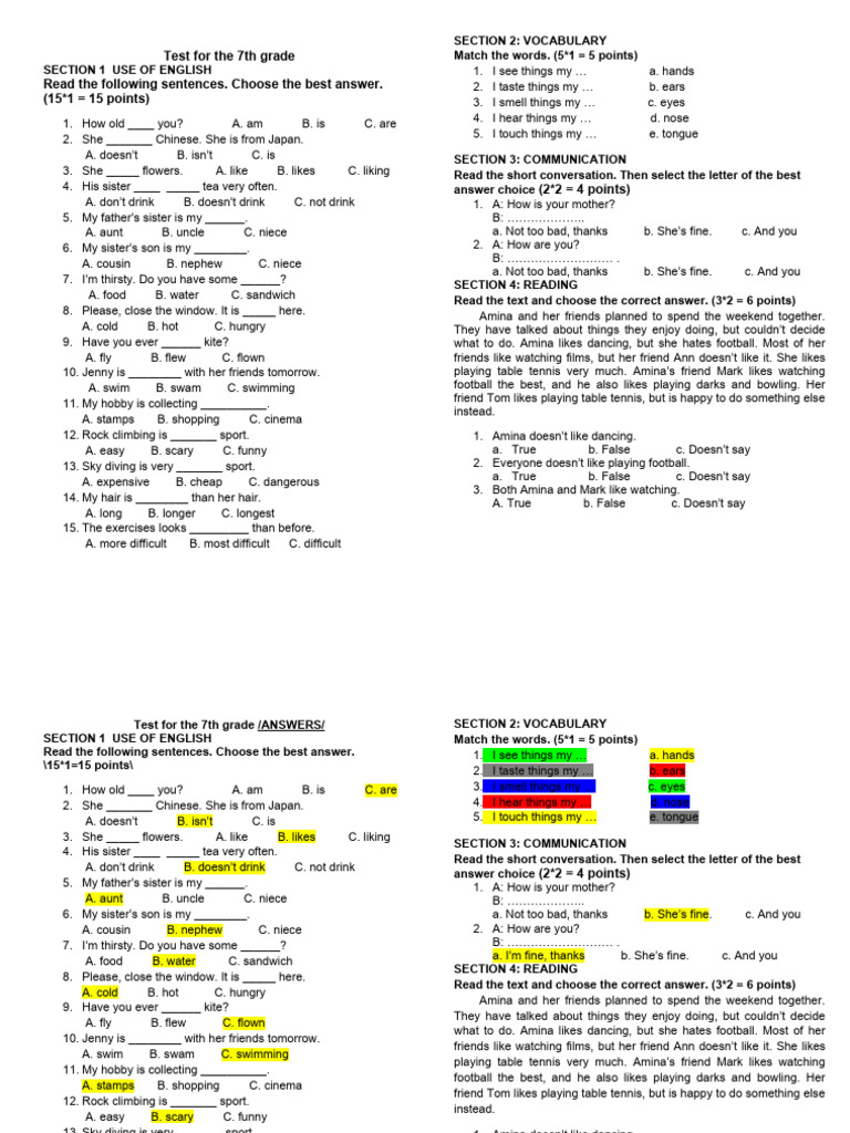 7th Grade of English Tests | PDF
