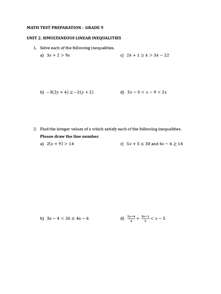 Grade 9 Inequalities Practice Worksheet | PDF