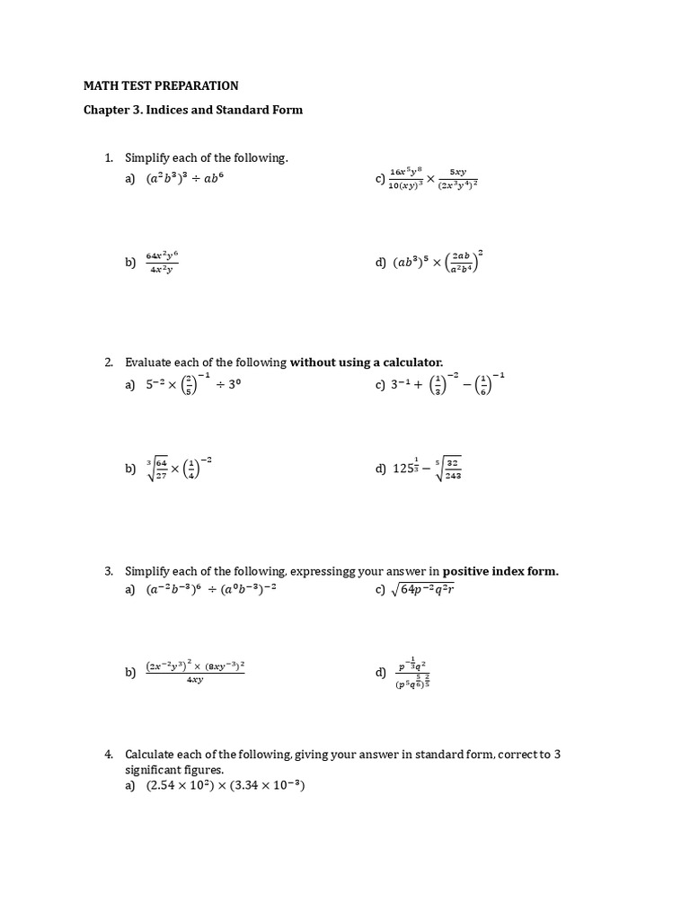 Grade 8 Math Test Preparation - Indices and Standard Form | PDF