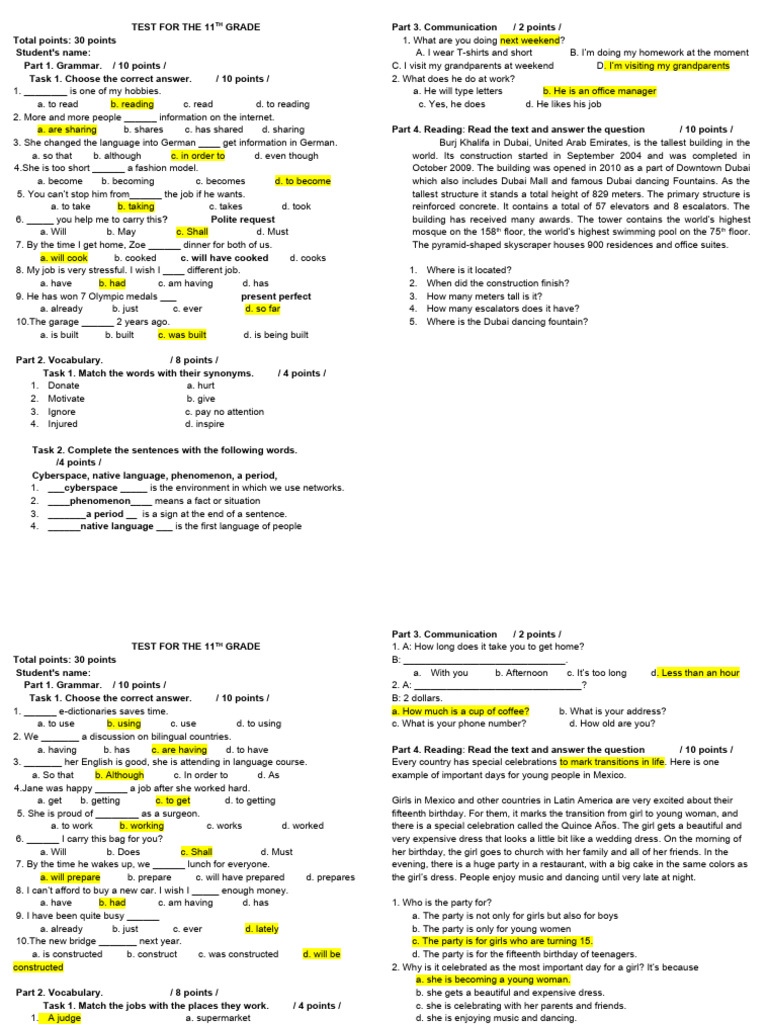 11th Grade English Test Overview | PDF | Marie Curie