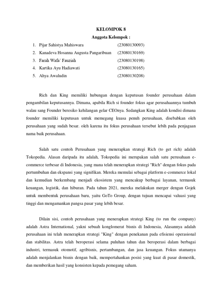 Kelompok 8 - Analisis Strategi Rich Dan King Dalam Perusahaan - Manajemen Administratif | PDF