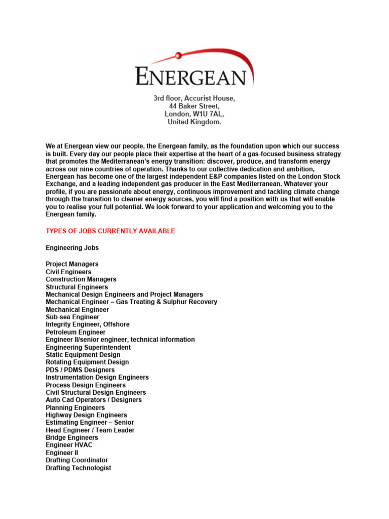 Energean Available Careers | PDF | Employment | Mechanical Engineering