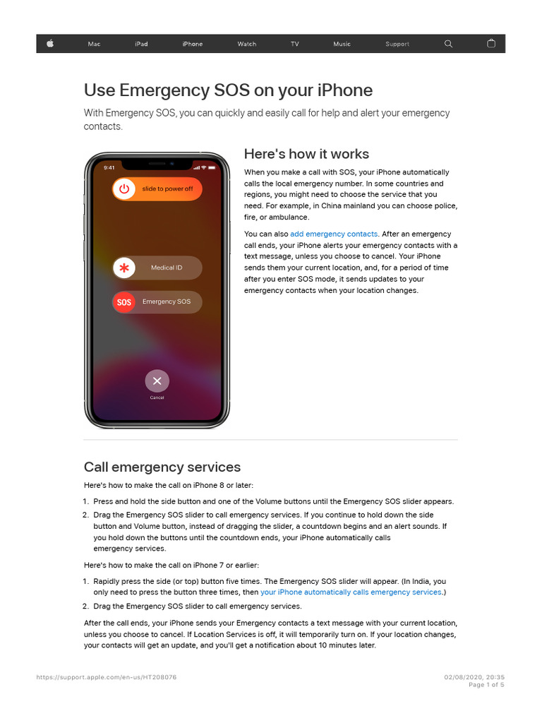 Use Emergency SOS On Your Iphone - Apple Support | PDF | I Phone | Apple Watch