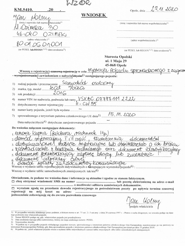 Wzór Prawidłowo Wypełnionego Wniosku - Rejestracja Pojazdu Sprowadzonego Z Zagranicy | PDF