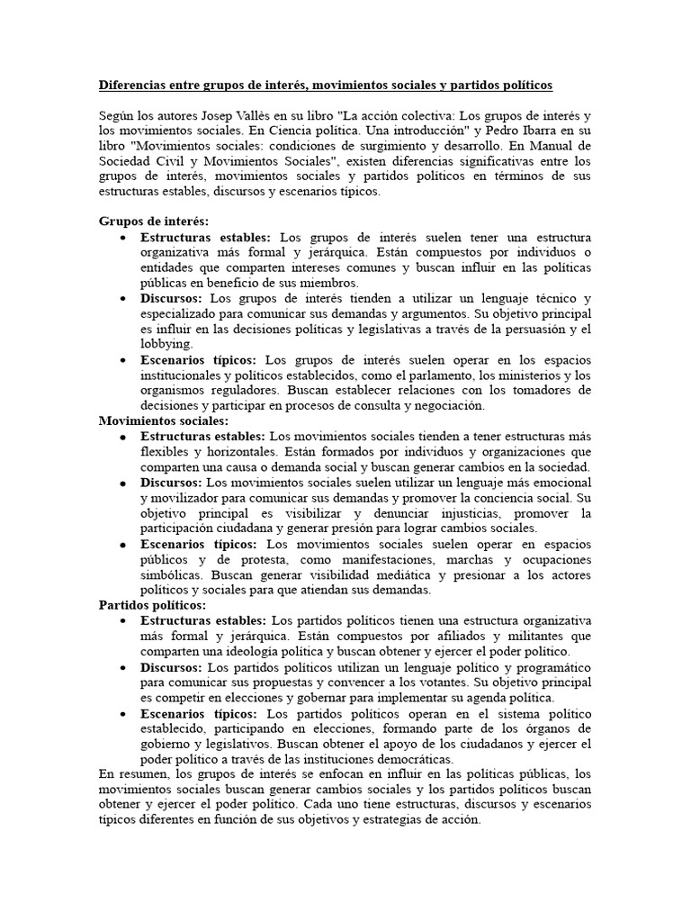 Diferencias entre grupos de interés, partidos políticos y movimientos ...