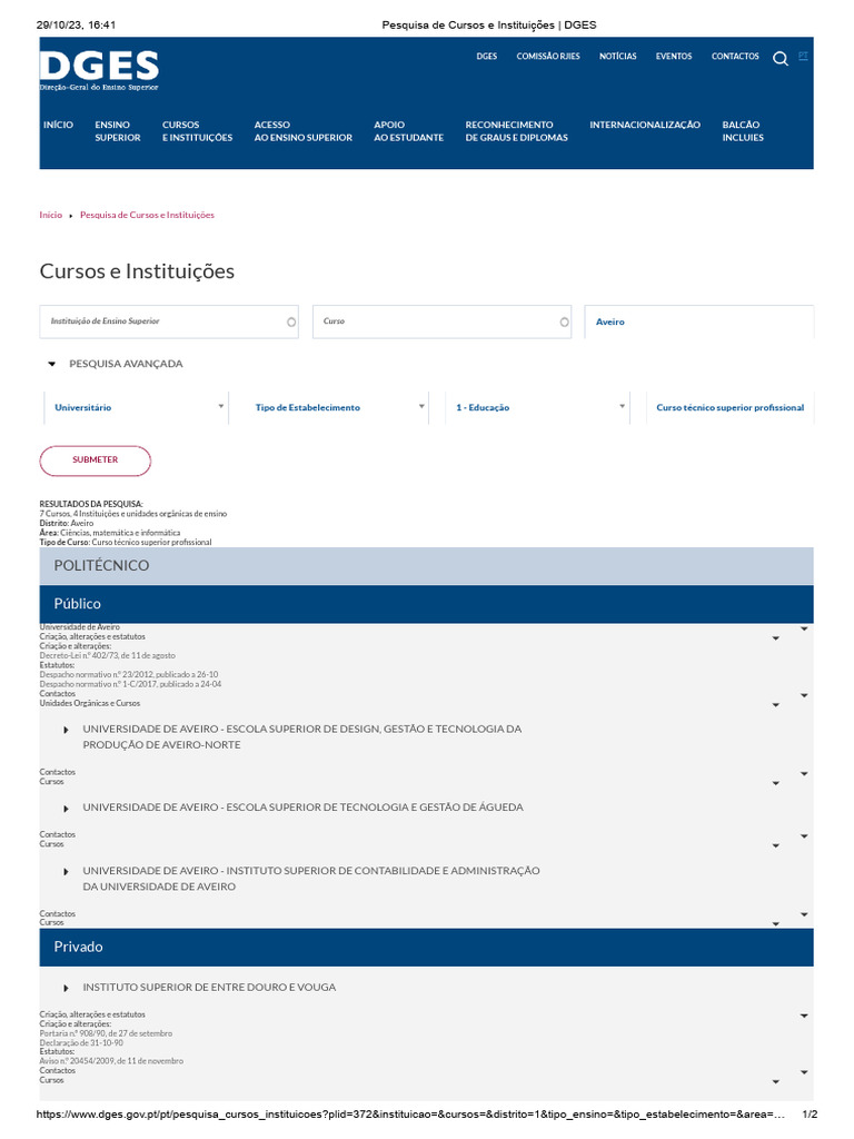 Pesquisa de Cursos e Instituições - DGES | PDF | Ensino Superior ...