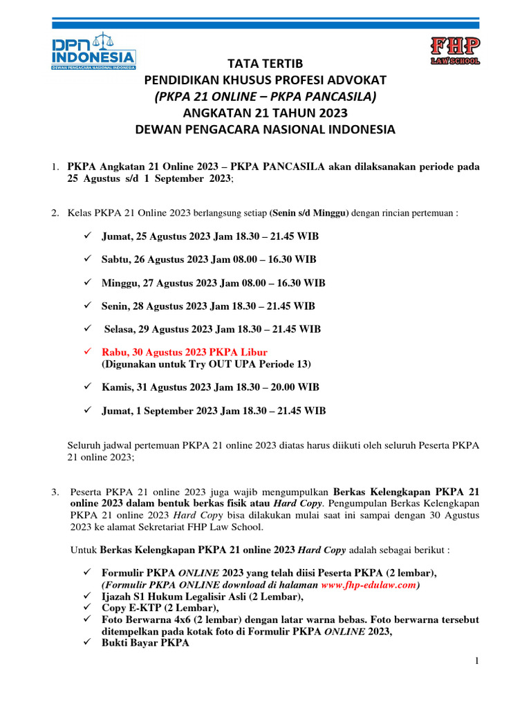 Tata Tertib PKPA Angkatan 21 Online 2023 PKPA PANCASILA - DPN Indonesia - FHP Law School | PDF