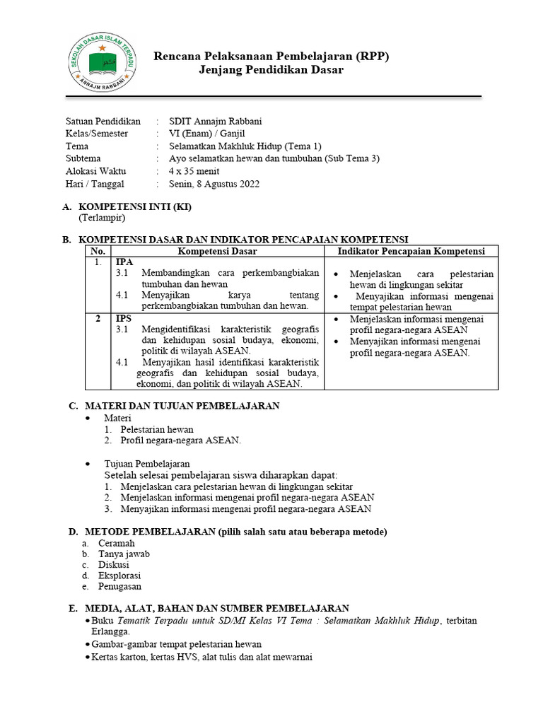 RPP Kelas VI: Selamatkan Makhluk Hidup | PDF