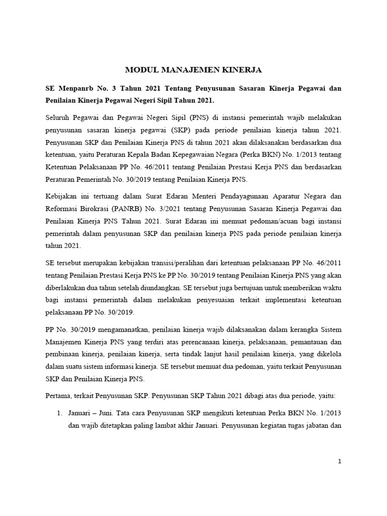 Modul Manajemen Kinerja New Pp30 Dan Permenpan Rb No 8 Thn 2021 Pdf