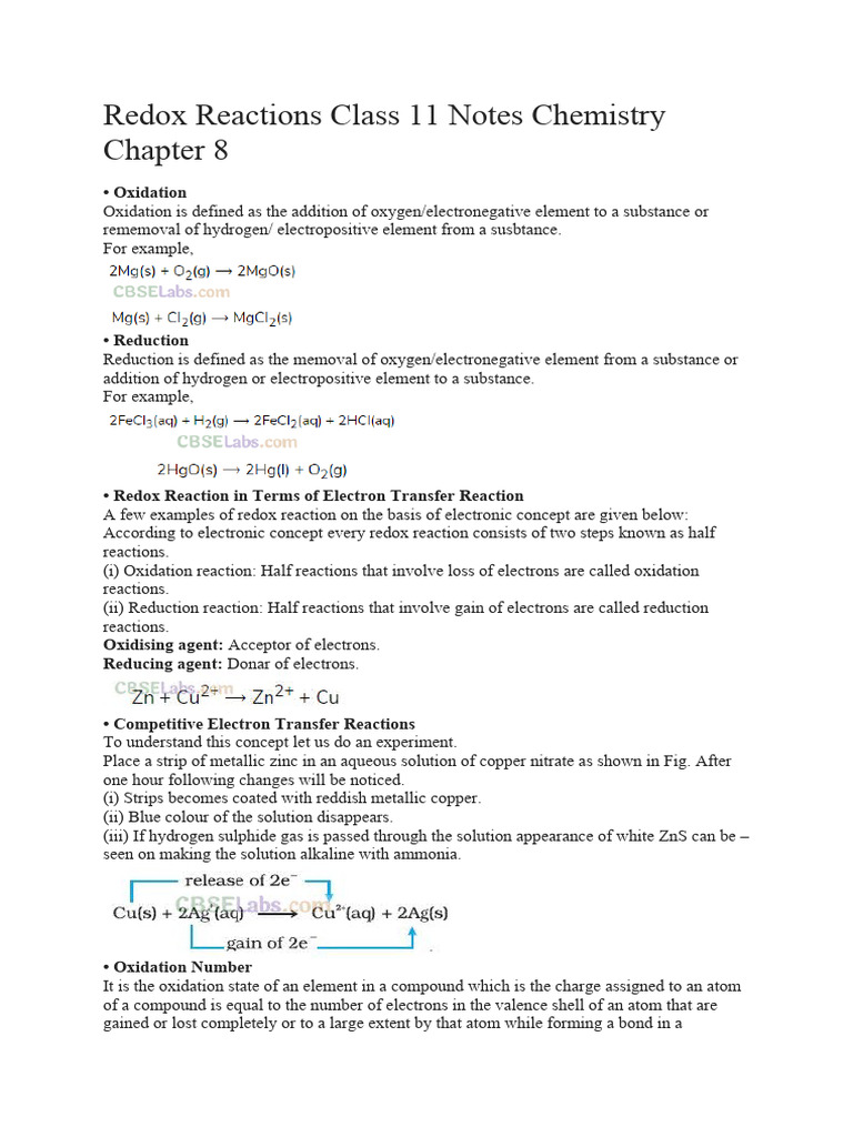Class 11 Chemistry: Redox Reactions | PDF