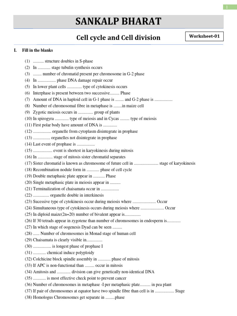 Worksheet-01 - Cell Cycle and Cell Division | PDF | Meiosis | Mitosis