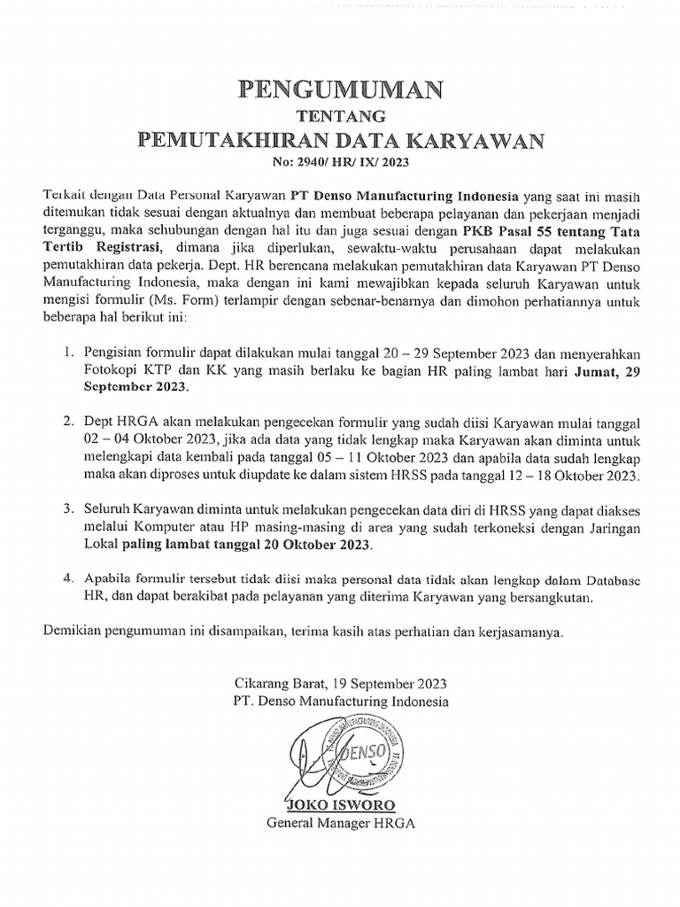 Pengumuman Tentang Pemutakhiran Data Karyawan-2023 | PDF