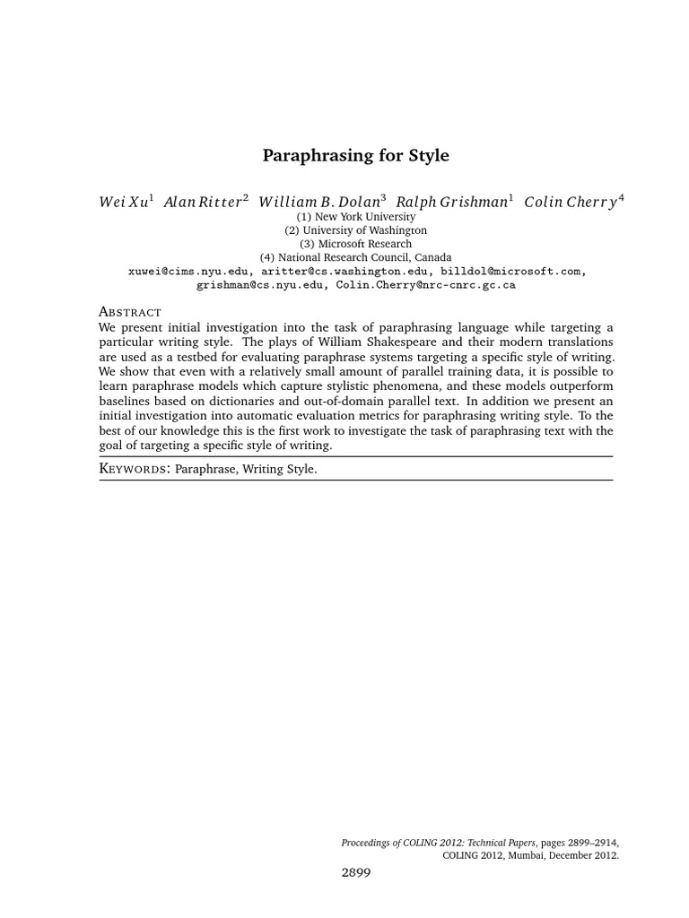 Paraphrasing For Style: Weixu Alan Rit Ter W Illiam B. Dolan Ral PH Grishman Colin Cher R Y ...