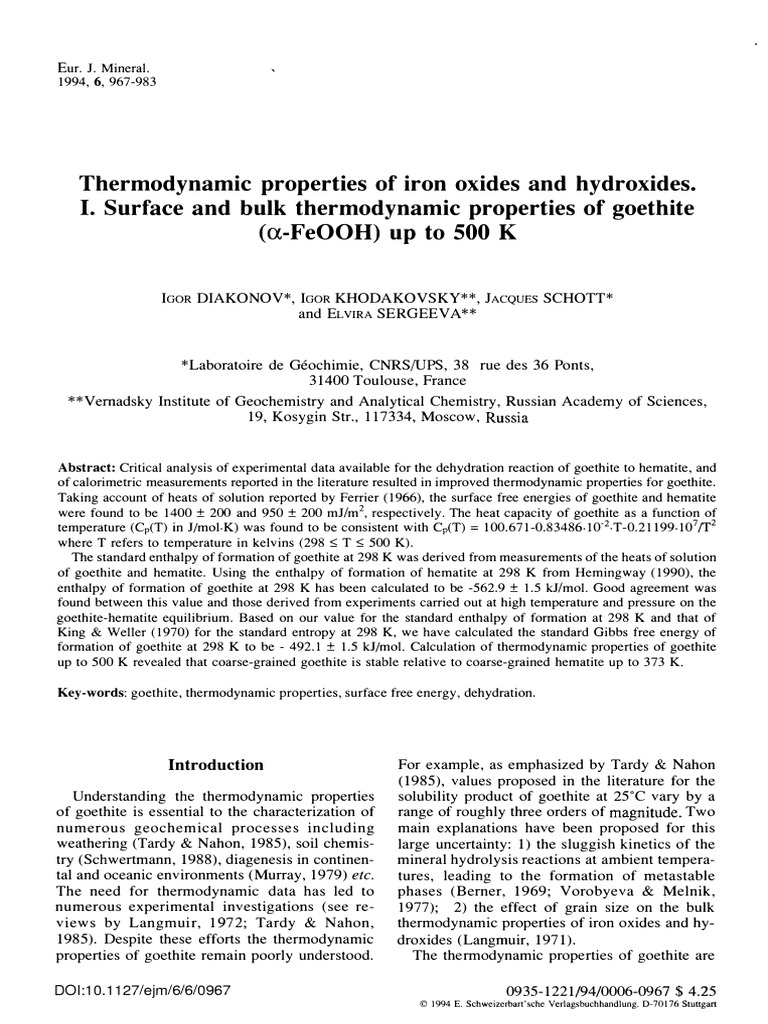 Thermodynamic Properties of Iron Oxides and Hydroxides. Surface and Bulk Thermodynamic ...